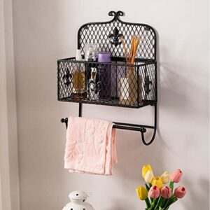 Wire Basket with Paper Towel Holder, Toilet Paper Towel Holder Wall Mount, Shelf with Paper Towel Rack, Metal Paper Towel Holder and Multi-Purpose Basket for Kitchen Bathroom Bar, Matte Black