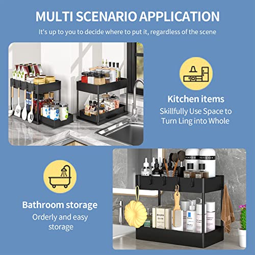 Double Sliding Cabinet Organizer,Easy Access Slide Out Under Sink Organizer and Storage,2 Tier Under Cabinet Drawer Baskets Organizers for Bathroom Kitchen