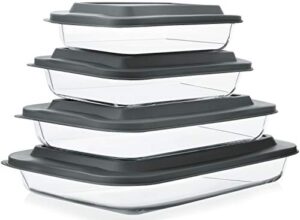 8-piece deep glass baking dish set with plastic lids,rectangular glass bakeware set with bpa free lids, baking pans for lasagna, leftovers, cooking, kitchen, freezer-to-oven and dishwasher, gray