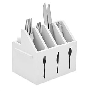 wooden utensil holder, silverware caddy for kitchen (7 x 5.5 x 6.6 in, white)