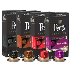 peet’s coffee, bestseller’s espresso coffee pods variety pack, dark & medium roasts, compatible with nespresso original machine, intensity 8-11, 40 count (4 boxes of 10 espresso capsules)