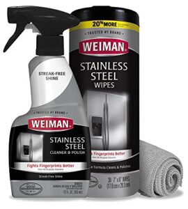 weiman stainless steel cleaner kit – fingerprint resistant, removes residue, water marks and grease from appliances – works great on refrigerators, dishwashers, ovens, and grills – packaging may vary