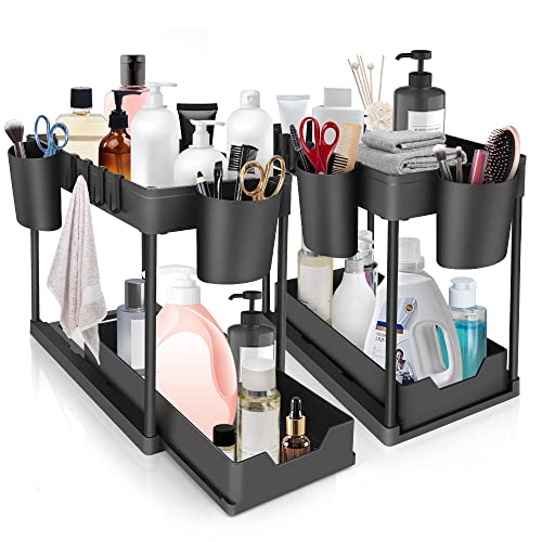 Under Sink Organizers And Storage 2 Pack Under Sink Organizer Under Sink Storage for Bathroom 8 Hooks And 4 Hanging Cups, The Bottom is Pull-Ou Tstorage, Suitable for Kitchen, Bathroom, Study Black