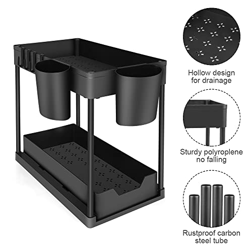 Under Sink Organizers And Storage 2 Pack Under Sink Organizer Under Sink Storage for Bathroom 8 Hooks And 4 Hanging Cups, The Bottom is Pull-Ou Tstorage, Suitable for Kitchen, Bathroom, Study Black