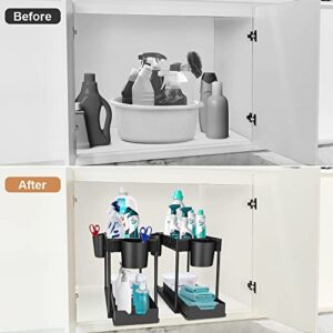 Under Sink Organizers And Storage 2 Pack Under Sink Organizer Under Sink Storage for Bathroom 8 Hooks And 4 Hanging Cups, The Bottom is Pull-Ou Tstorage, Suitable for Kitchen, Bathroom, Study Black