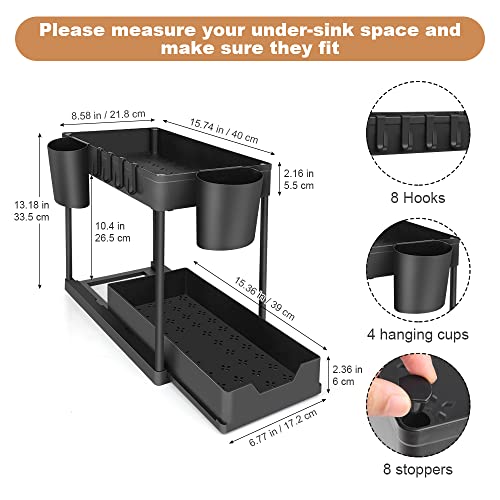 Under Sink Organizers And Storage 2 Pack Under Sink Organizer Under Sink Storage for Bathroom 8 Hooks And 4 Hanging Cups, The Bottom is Pull-Ou Tstorage, Suitable for Kitchen, Bathroom, Study Black