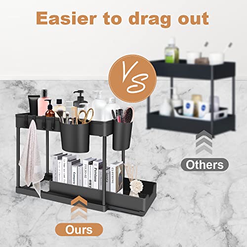 Under Sink Organizers And Storage 2 Pack Under Sink Organizer Under Sink Storage for Bathroom 8 Hooks And 4 Hanging Cups, The Bottom is Pull-Ou Tstorage, Suitable for Kitchen, Bathroom, Study Black