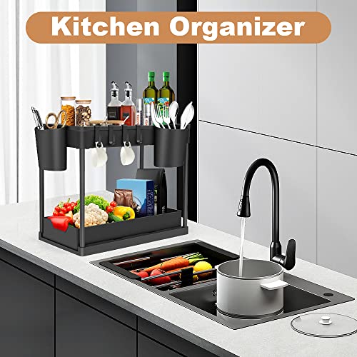 Under Sink Organizers And Storage 2 Pack Under Sink Organizer Under Sink Storage for Bathroom 8 Hooks And 4 Hanging Cups, The Bottom is Pull-Ou Tstorage, Suitable for Kitchen, Bathroom, Study Black