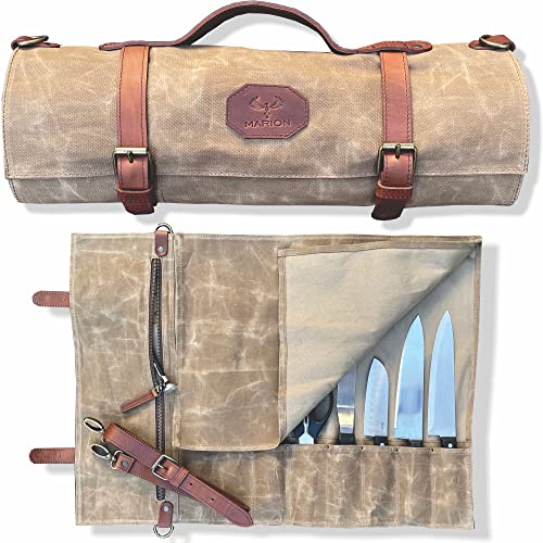 Lynx Soul MARION - LE VOYAGEUR - Waxed Canvas with Genuine Calf Top Grain Leather - Handcrafted Professional Chef's Knife Storage Roll Bag - 8 Pockets - (Sand)