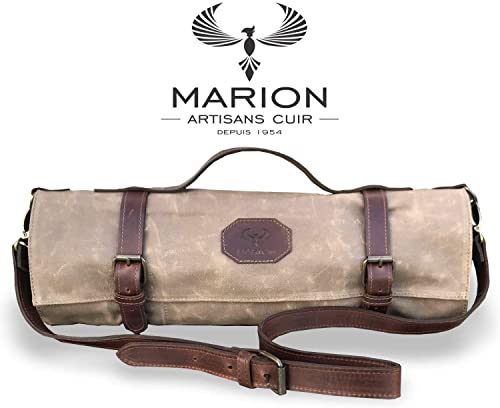 Lynx Soul MARION - LE VOYAGEUR - Waxed Canvas with Genuine Calf Top Grain Leather - Handcrafted Professional Chef's Knife Storage Roll Bag - 8 Pockets - (Sand)