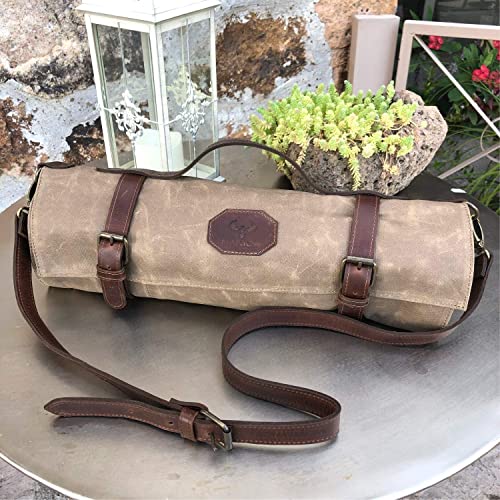 Lynx Soul MARION - LE VOYAGEUR - Waxed Canvas with Genuine Calf Top Grain Leather - Handcrafted Professional Chef's Knife Storage Roll Bag - 8 Pockets - (Sand)