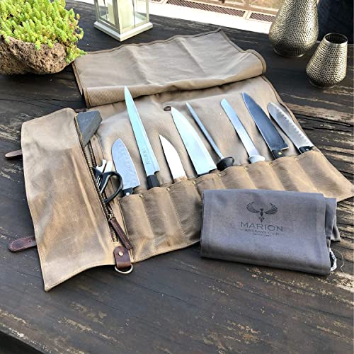 Lynx Soul MARION - LE VOYAGEUR - Waxed Canvas with Genuine Calf Top Grain Leather - Handcrafted Professional Chef's Knife Storage Roll Bag - 8 Pockets - (Sand)