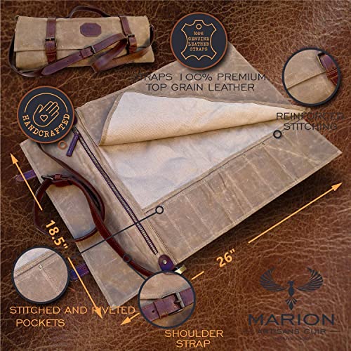 Lynx Soul MARION - LE VOYAGEUR - Waxed Canvas with Genuine Calf Top Grain Leather - Handcrafted Professional Chef's Knife Storage Roll Bag - 8 Pockets - (Sand)