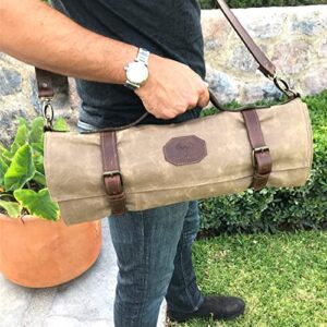 Lynx Soul MARION - LE VOYAGEUR - Waxed Canvas with Genuine Calf Top Grain Leather - Handcrafted Professional Chef's Knife Storage Roll Bag - 8 Pockets - (Sand)