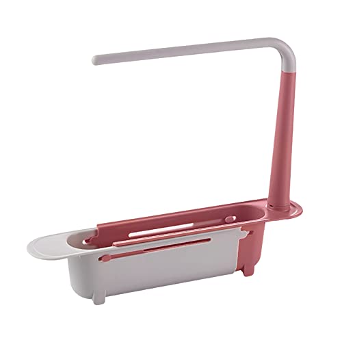 Kuniofaov Telescopic Sink Rack Holder Telescopic Sink Storage Rack Adjustable Drainer Sink Tray Sponge Soap Holder with Dishcloth Hanger Expandable Storage Drain Basket for Home Kitchen (Pink)