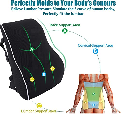 Lumbar Support Pillow for Office Chair Back Support Pillow for Car, Computer, Gaming Chair, Recliner Memory Foam Back Cushion for Back Pain Relief Improve Posture, Mesh Cover Double Adjustable Straps