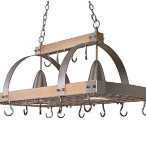 Elegant Designs PR1001-WOD 2 Light Kitchen Wood Pot Rack with Downlights, Wood with Brushed Nickel Accents