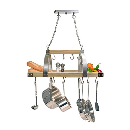 Elegant Designs PR1001-WOD 2 Light Kitchen Wood Pot Rack with Downlights, Wood with Brushed Nickel Accents