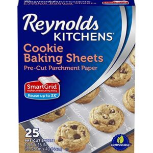 reynolds kitchens cookie baking sheets, pre-cut parchment paper,25 count (pack of 4), 100 total sheets