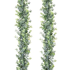 dearhouse faux eucalyptus garland plant, 2 pack artificial vines hanging eucalyptus leaves greenery garland for wedding backdrop arch wall decor, 6 feet/pcs uv protected indoor outdoor