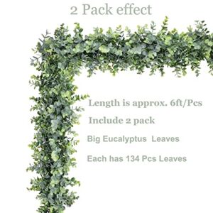 DearHouse Faux Eucalyptus Garland Plant, 2 Pack Artificial Vines Hanging Eucalyptus Leaves Greenery Garland for Wedding Backdrop Arch Wall Decor, 6 Feet/pcs UV Protected Indoor Outdoor