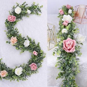 DearHouse Faux Eucalyptus Garland Plant, 2 Pack Artificial Vines Hanging Eucalyptus Leaves Greenery Garland for Wedding Backdrop Arch Wall Decor, 6 Feet/pcs UV Protected Indoor Outdoor