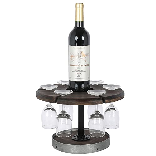 MyGift Rustic Solid Burnt Wood Tabletop Round Wine Glasses and Wine Bottle Holder Pedestal Stand with Galvanized Metal Accent , Wine Flight Tasting Server Tray, Holds 6 Stemware and 1 Bottle