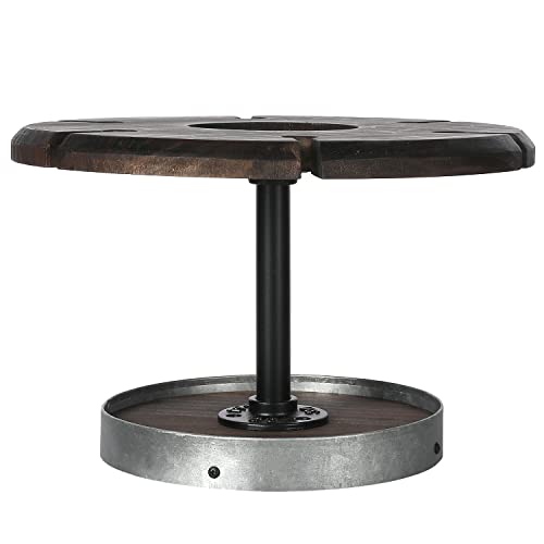 MyGift Rustic Solid Burnt Wood Tabletop Round Wine Glasses and Wine Bottle Holder Pedestal Stand with Galvanized Metal Accent , Wine Flight Tasting Server Tray, Holds 6 Stemware and 1 Bottle