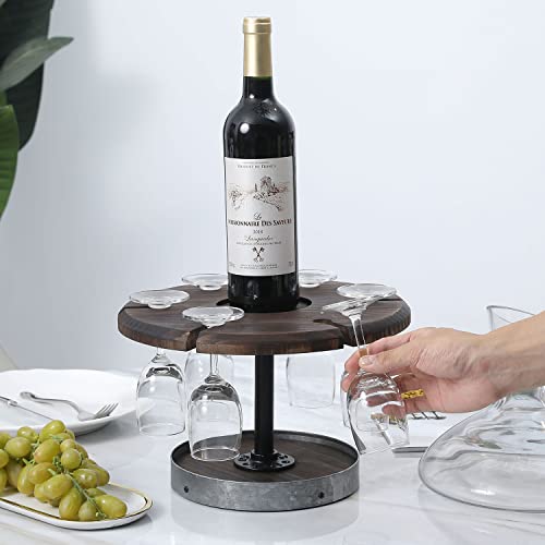 MyGift Rustic Solid Burnt Wood Tabletop Round Wine Glasses and Wine Bottle Holder Pedestal Stand with Galvanized Metal Accent , Wine Flight Tasting Server Tray, Holds 6 Stemware and 1 Bottle