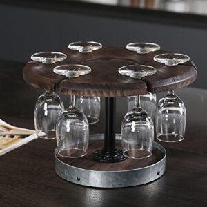 MyGift Rustic Solid Burnt Wood Tabletop Round Wine Glasses and Wine Bottle Holder Pedestal Stand with Galvanized Metal Accent , Wine Flight Tasting Server Tray, Holds 6 Stemware and 1 Bottle