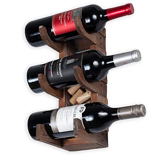 Rustic State Blanc Wall Mounted Wood Vertical Wine Rack and Cork Storage Holder Shelf Organizer for 3 Bottles - Home, Kitchen, Dining Room Bar Décor - Walnut