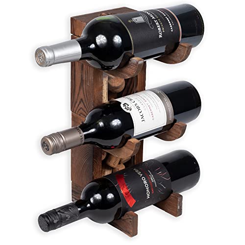 Rustic State Blanc Wall Mounted Wood Vertical Wine Rack and Cork Storage Holder Shelf Organizer for 3 Bottles - Home, Kitchen, Dining Room Bar Décor - Walnut