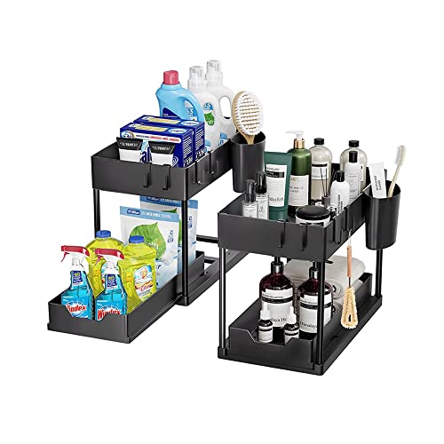 2 Pack Double Sliding Cabinet Basket Organizer Drawers 2 Tier Under Sink Organizers and Storage Bathroom Cabinet Organizer with Hooks Under Kitchen Sink Organizer for Easy Access