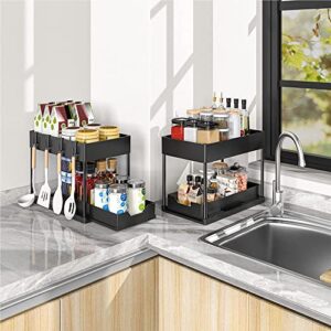 2 Pack Double Sliding Cabinet Basket Organizer Drawers 2 Tier Under Sink Organizers and Storage Bathroom Cabinet Organizer with Hooks Under Kitchen Sink Organizer for Easy Access