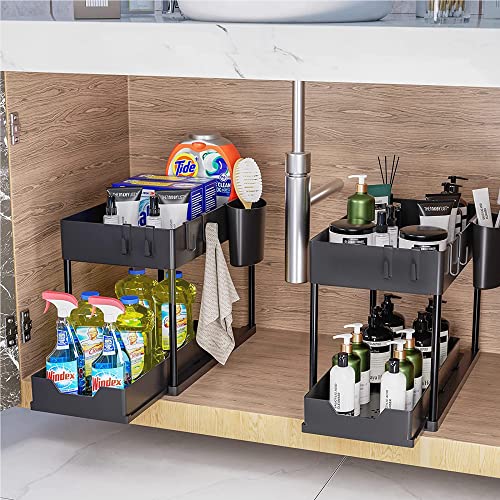 2 Pack Double Sliding Cabinet Basket Organizer Drawers 2 Tier Under Sink Organizers and Storage Bathroom Cabinet Organizer with Hooks Under Kitchen Sink Organizer for Easy Access