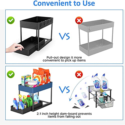 2 Pack Double Sliding Cabinet Basket Organizer Drawers 2 Tier Under Sink Organizers and Storage Bathroom Cabinet Organizer with Hooks Under Kitchen Sink Organizer for Easy Access