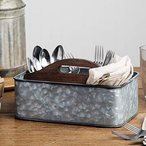 Elegant Home Galvanized Flatware Caddy Organizer For Kitchen Counter-Top/Dining Table - Comfortable Handle With Dividers For Silverware, Cutlery, Flatware, Forks, Knives, Spoons, & Napkins