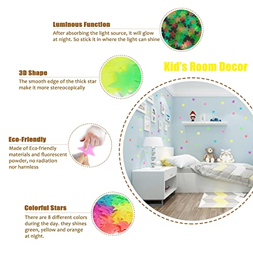 Glow in The Dark Stars Stickers for Ceiling, Adhesive 200pcs 3D Glowing Stars and Moon for Kids Bedroom,Luminous Stars Stickers Create a Realistic Starry Sky,Room Decor,Wall Stickers