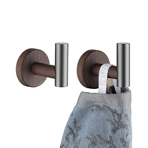 JQK Bathroom Towel Hook, Black Walnut Grey Coat Robe Clothes Hook for Bathroom Kitchen Garage Wall Mounted (2 Pack), 304 Stainless Steel 0.8mm Thicken, TH100-HT-P2