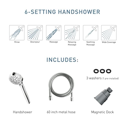 Moen Chrome Engage Magnetix 3.5-Inch Six-Function Eco-Performance Handheld Showerhead with Magnetic Docking System, Removable Shower Head with Metal Hose, 26100EP