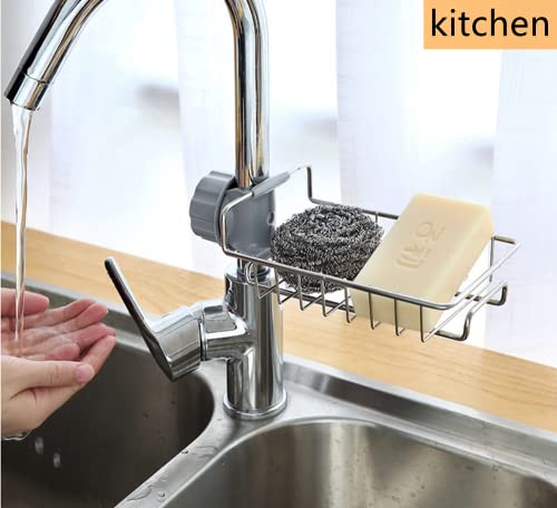 Faucet Storage Rack Sponge Holder, Stainless Sink Caddy Organizer for Kitchen & Bathroom Accessories, Hanging Storage Rack, Soap Dish Brush Drainer Rack