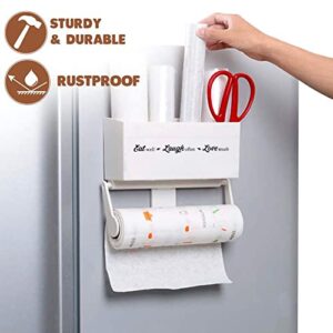 Magnetic Paper Towel Holder for Refrigerator with Storage Shelf, Kitchen Organizer Rack Fit Regular to Huge Paper Towel Roll with 4.4 lbs Capacity, Mounts Securely on Fridge and Metal Surfaces