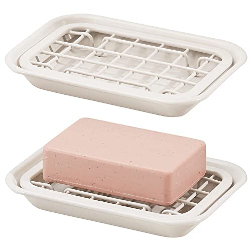 mDesign Metal 2-Piece Soap Dish Tray with Drainage Grid and Holder for Kitchen Sink Countertops to Store Soap, Sponges, Scrubbers - Rust Resistant - 2 Pack - Cream/Beige