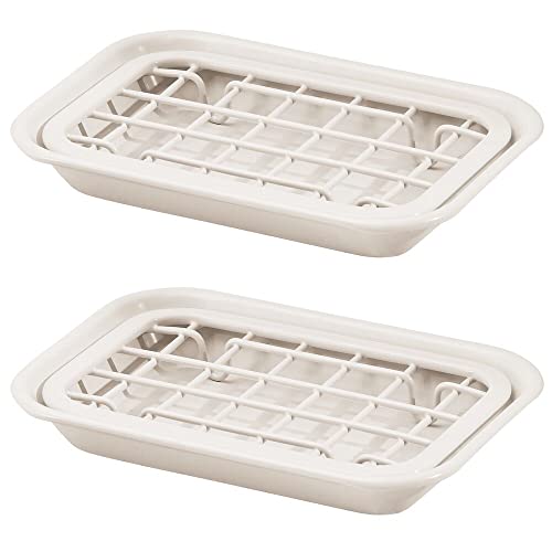 mDesign Metal 2-Piece Soap Dish Tray with Drainage Grid and Holder for Kitchen Sink Countertops to Store Soap, Sponges, Scrubbers - Rust Resistant - 2 Pack - Cream/Beige