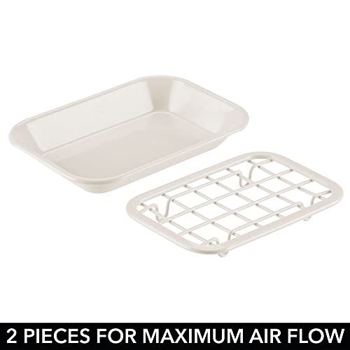 mDesign Metal 2-Piece Soap Dish Tray with Drainage Grid and Holder for Kitchen Sink Countertops to Store Soap, Sponges, Scrubbers - Rust Resistant - 2 Pack - Cream/Beige