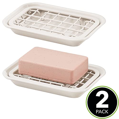 mDesign Metal 2-Piece Soap Dish Tray with Drainage Grid and Holder for Kitchen Sink Countertops to Store Soap, Sponges, Scrubbers - Rust Resistant - 2 Pack - Cream/Beige