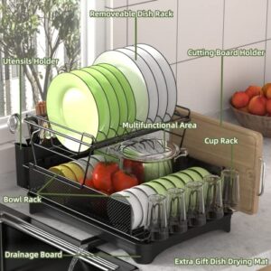 SUPPNEED Dish Drying Rack with Drainboard, 2 Tier Dish Drainer for Kitchen Counter, Utensil Holder, Cutting Board Holder and Extra Dryer Mat, Sink Dish Strainer, Black