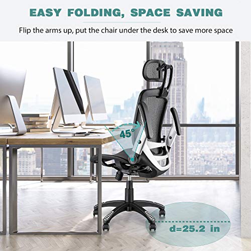 GABRYLLY Ergonomic Mesh Office Chair, High Back Desk Chair - Adjustable Headrest with Flip-Up Arms, Tilt Function, Lumbar Support and PU Wheels, Swivel Computer Task Chair