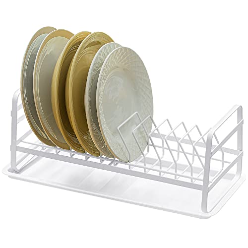 Poeland Dish Drying Rack with Drain Pan, Plate Pot Lid Holder and Dish Drainer for Kitchen Counter Cabinet