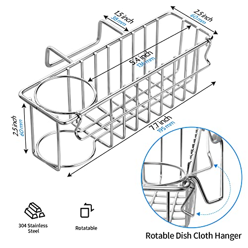 3-in-1 Sponge Holder for Kitchen Sink, Movable Sponge Holder + Brush Holder + Dish Cloth Hanger, Hanging Sink Caddy, Small in Sink Organizer Accessories Rack Basket, 304 Stainless Steel, Never Rust